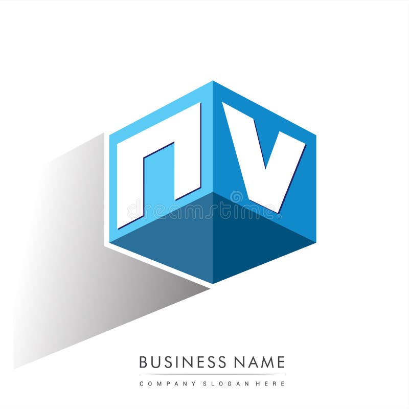 Letter NV Logo in Hexagon Shape and Blue Background, Cube Logo with ...