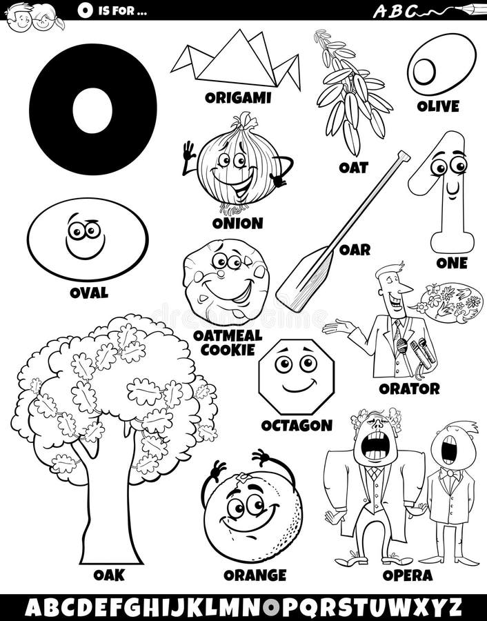 Letter O Set with Cartoon Objects and Characters Coloring Page Stock ...
