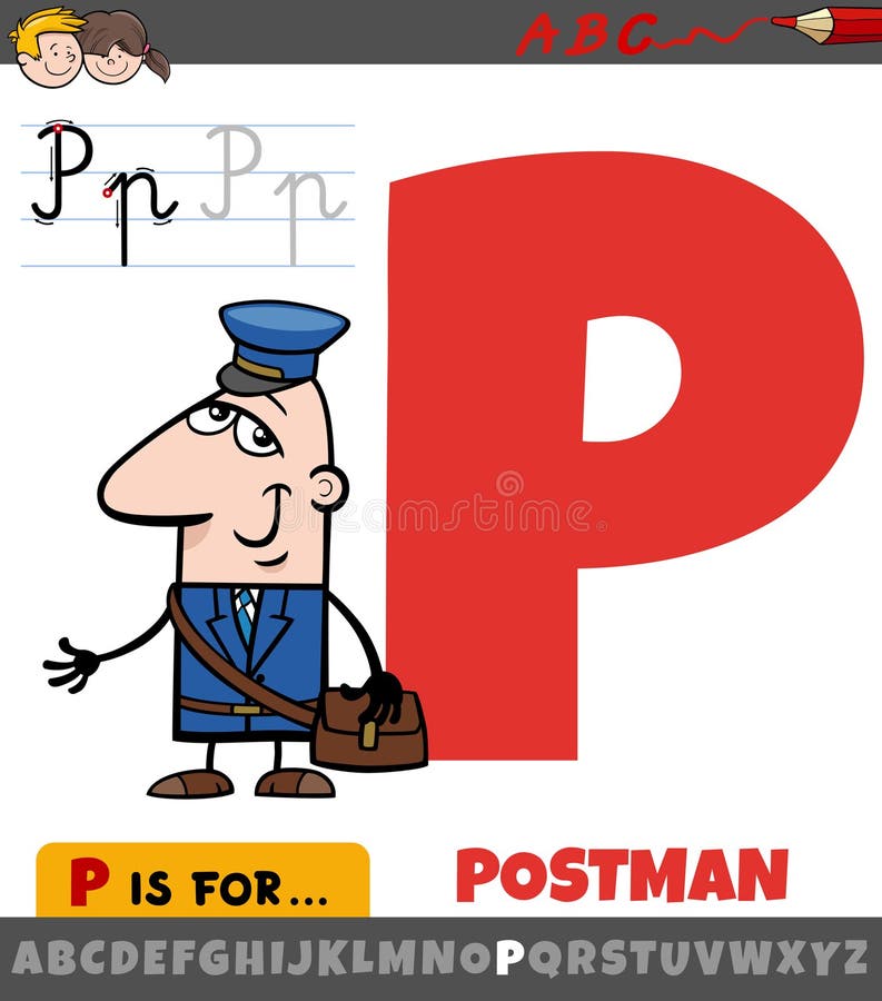 Letter P from Alphabet with Cartoon Postman Character Stock ...