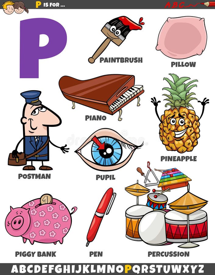 Letter P Set with Cartoon Objects and Characters Stock Vector ...