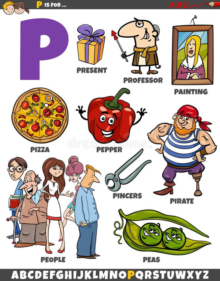 Letter P Set with Cartoon Objects and Characters Stock Vector ...