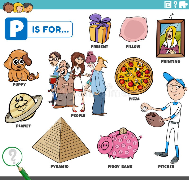 Letter P Words Educational Set with Cartoon Characters Stock Vector ...