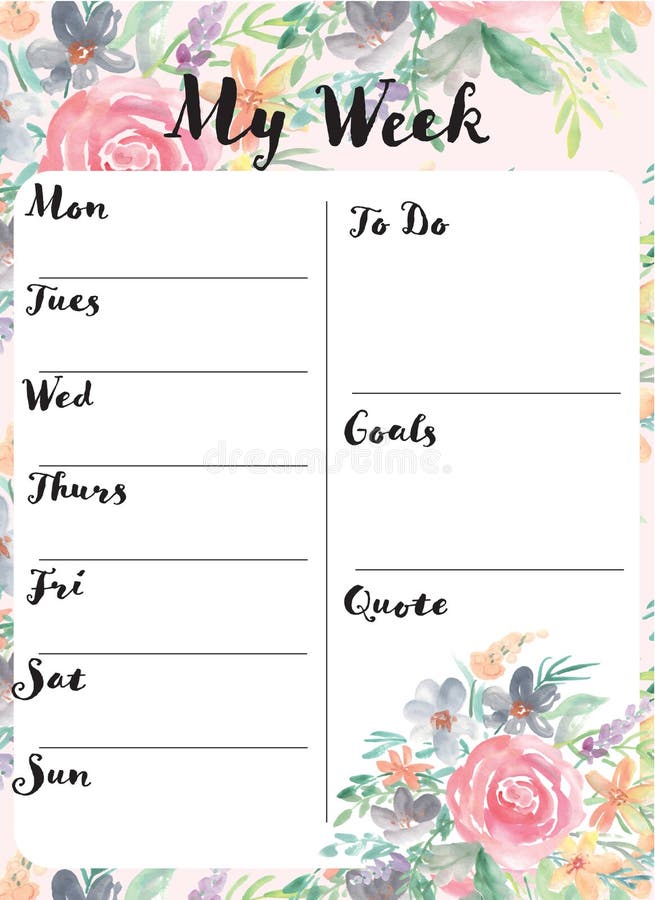 Weekly Floral Pink My Week Planner Stock Illustration - Illustration of ...