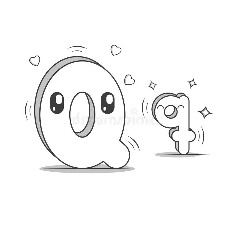 Letter Q Kawaii Style Black and White Stock Vector - Illustration of ...