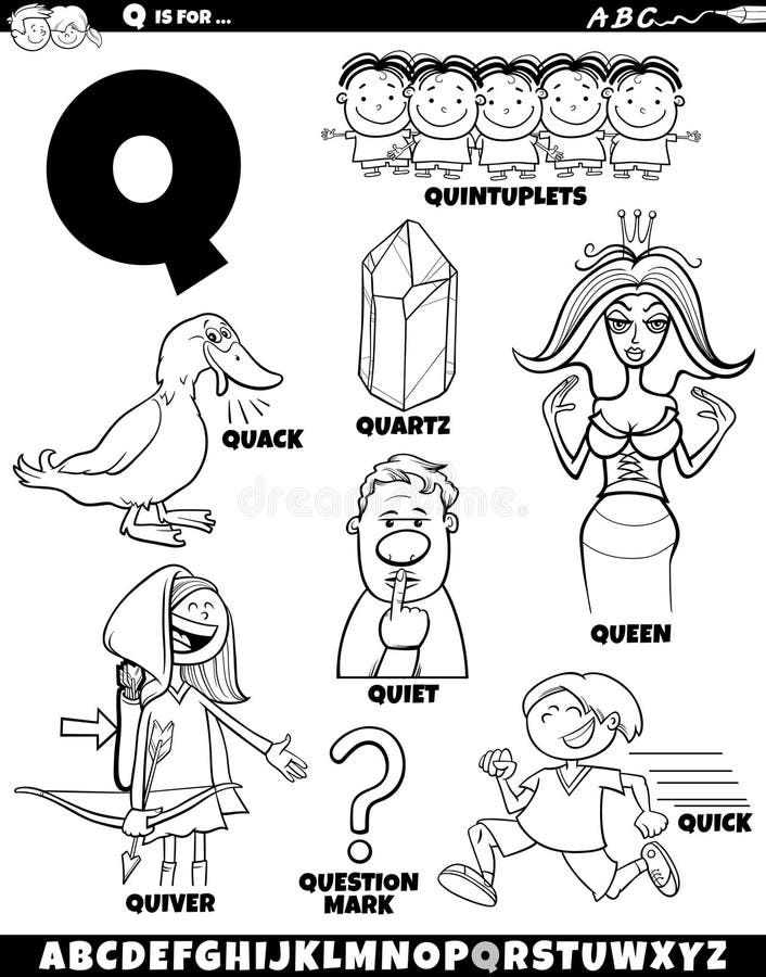 Letter Q Set with Cartoon Objects and Characters Coloring Page Stock ...