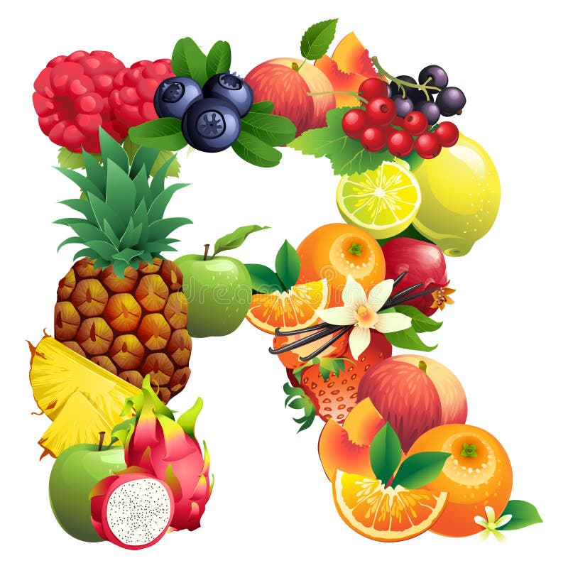 Letter R Composed of Different Fruits with Leaves Stock Illustration ...