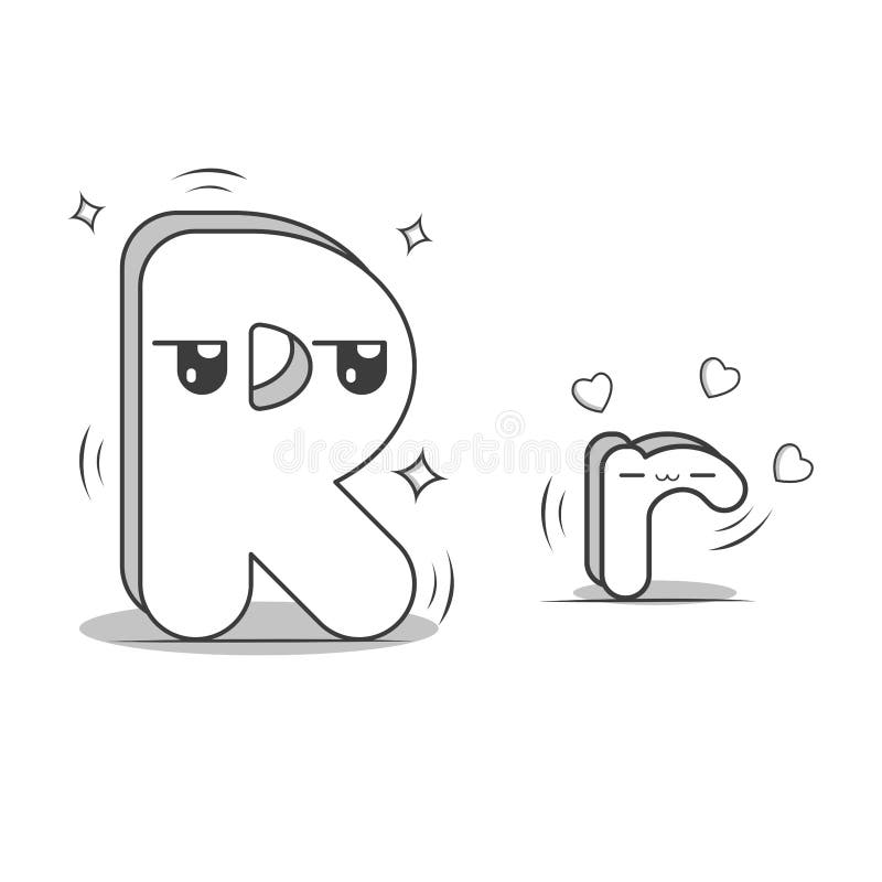 Letter R Kawaii Style Black and White Stock Vector - Illustration of ...