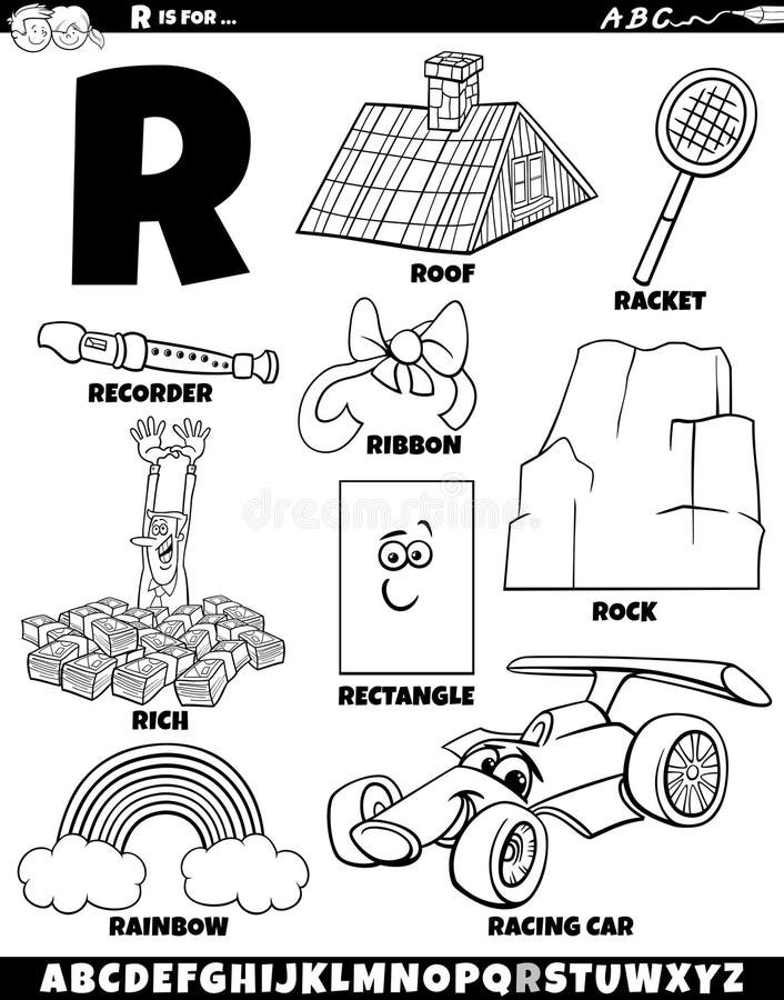 Letter R Set with Cartoon Objects and Characters Coloring Page Stock ...