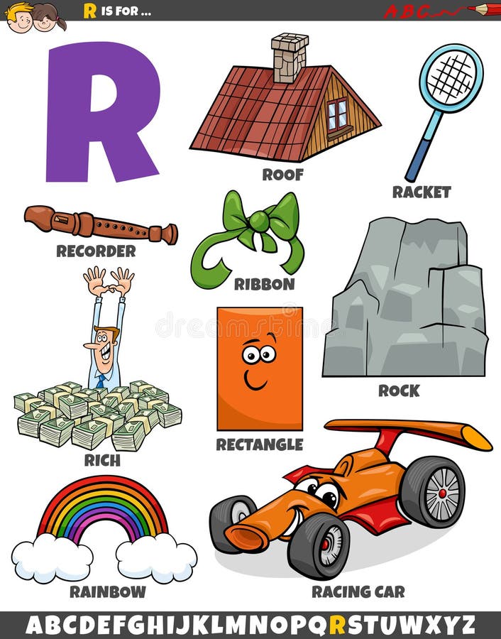Letter R Set with Cartoon Objects and Characters Stock Vector ...
