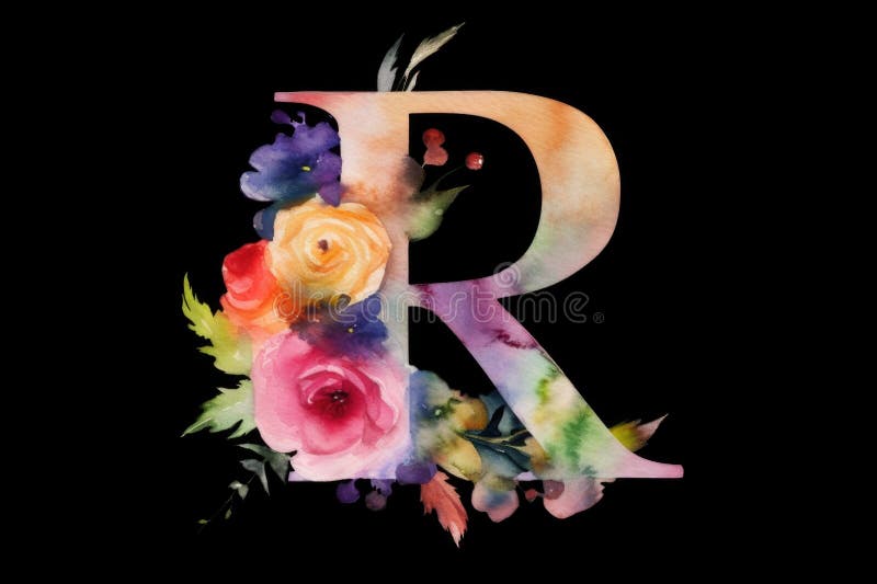 Letter R, Watercolor Style, on Black Background Stock Illustration ...