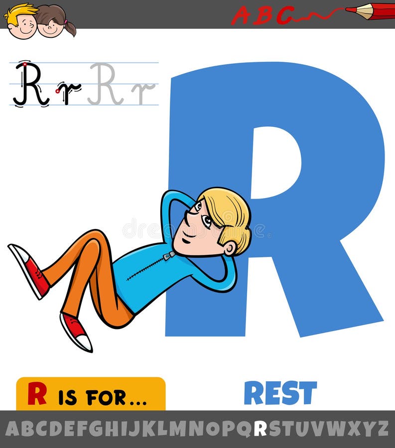 Letter R Worksheet with Cartoon Illustration of Rest Phrase Stock ...