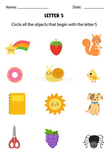Letter Recognition for Kids. Circle All Objects that Start with S ...
