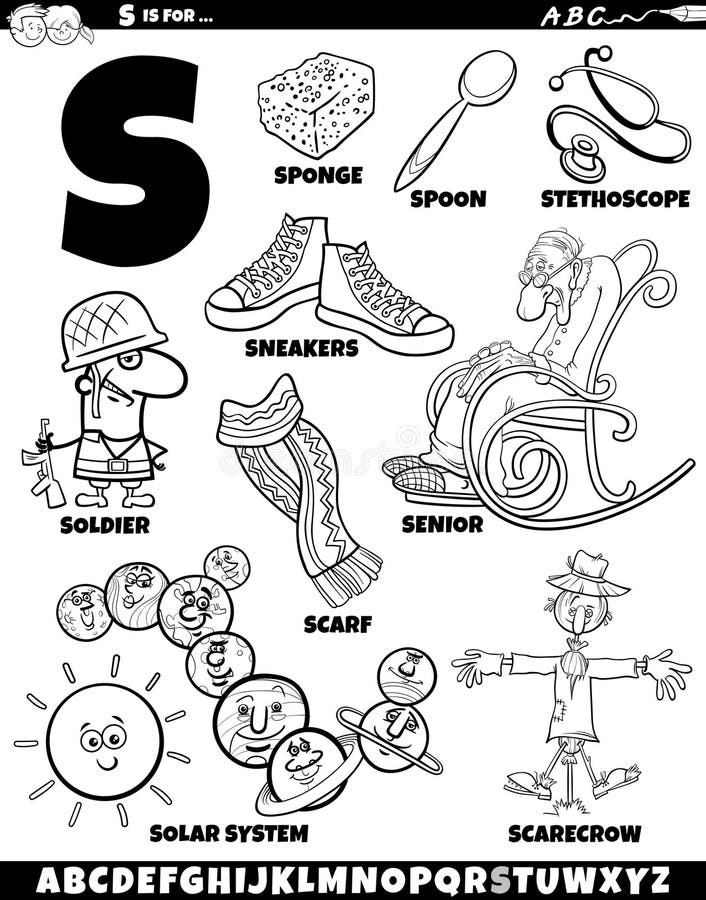 Letter S Set with Cartoon Objects and Characters Coloring Page Stock ...