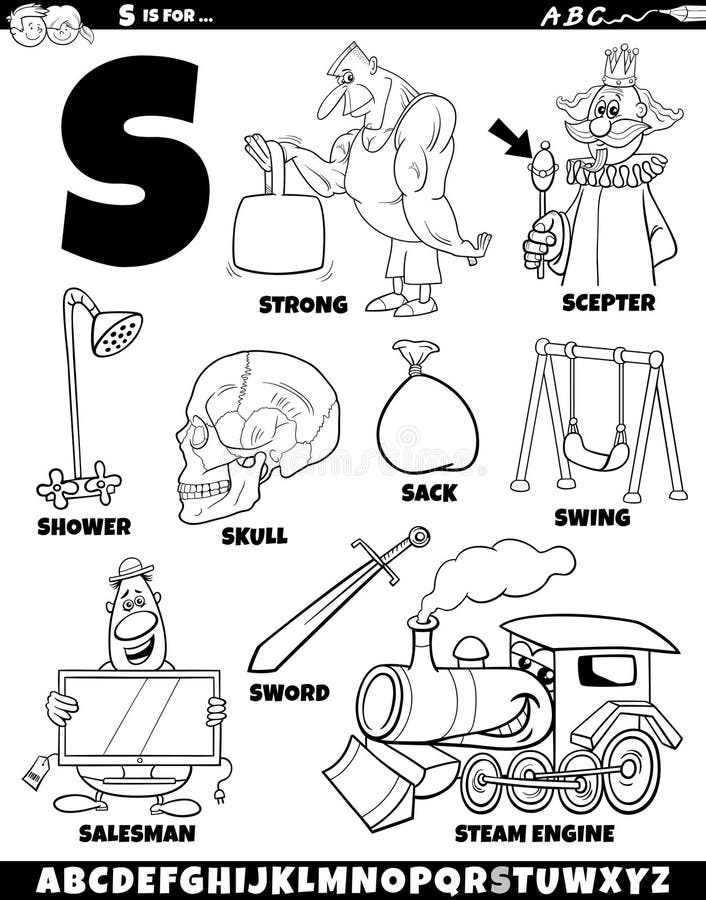 Letter S Set with Cartoon Objects and Characters Coloring Page Stock ...