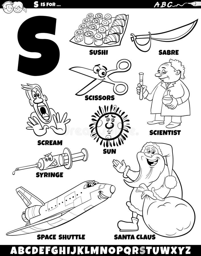 Letter S Set with Cartoon Objects and Characters Coloring Page Stock ...