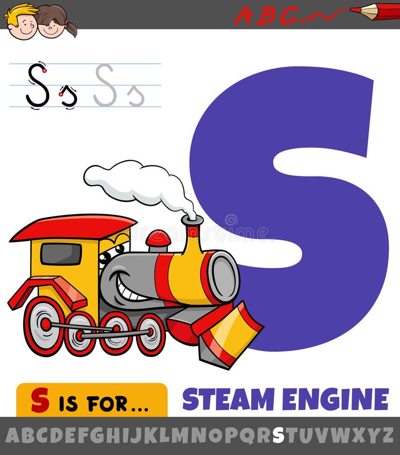 Letter S Worksheet with Cartoon Steam Engine Character Stock Vector ...