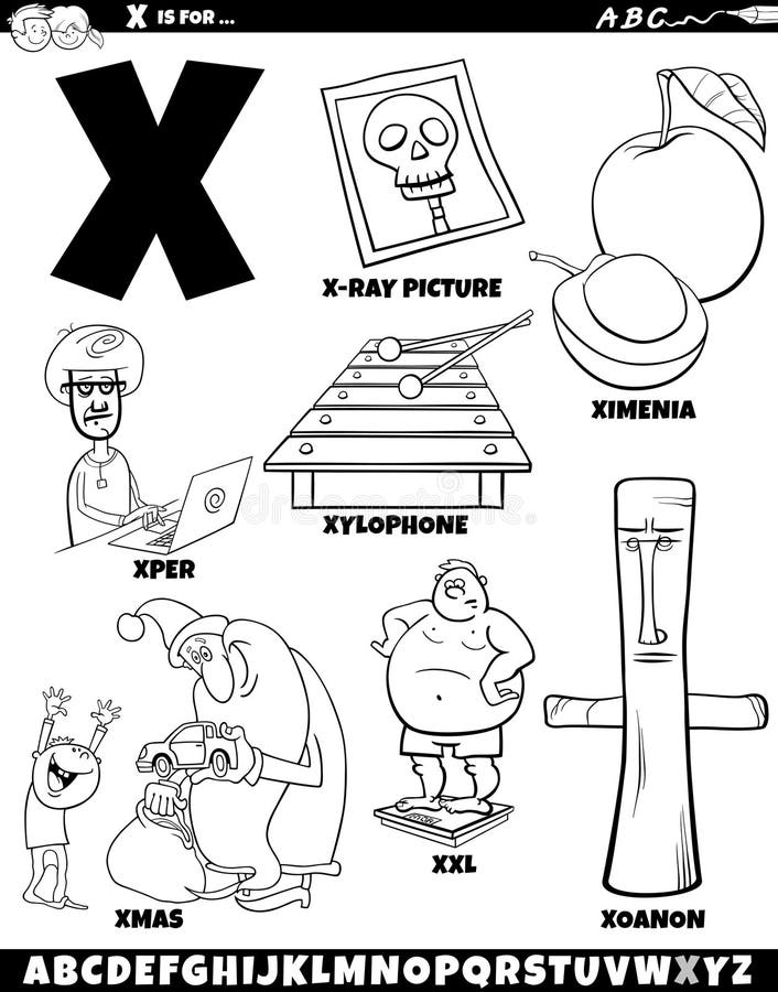 Letter X Set with Cartoon Objects and Characters Coloring Page Stock ...