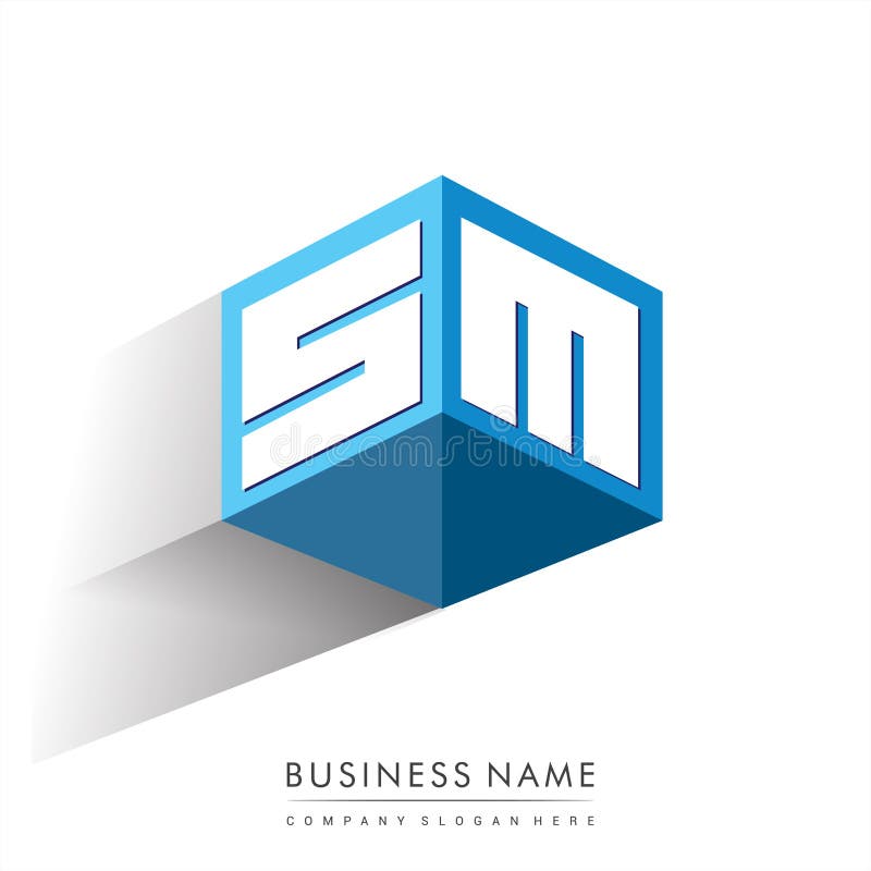 Letter SM Logo in Hexagon Shape and Blue Background, Cube Logo with ...