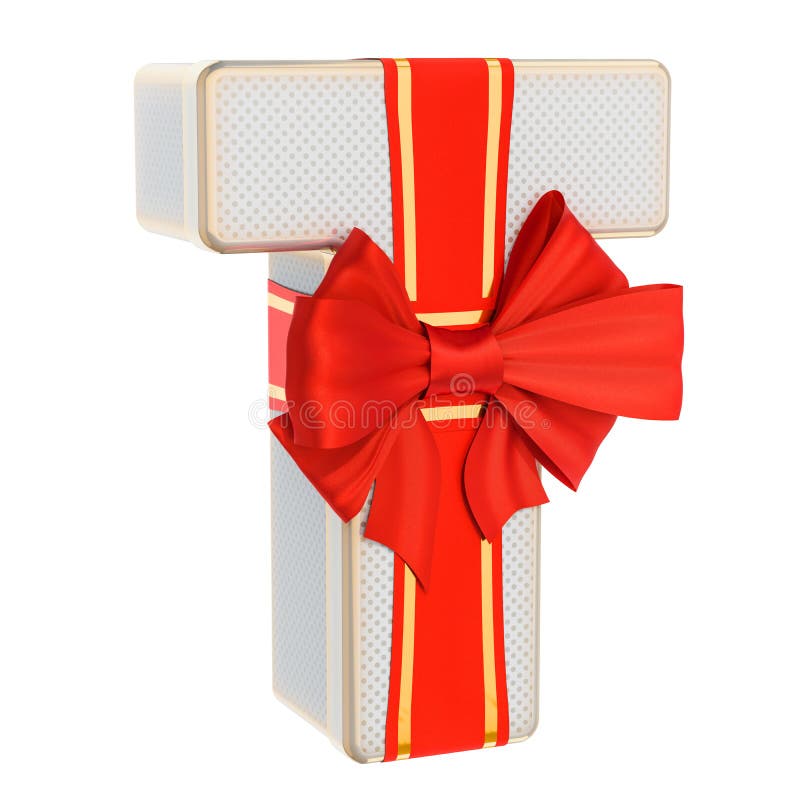 Letter T, Gift Box Shaped of a Letter T with Red Ribbon Bow. 3D ...