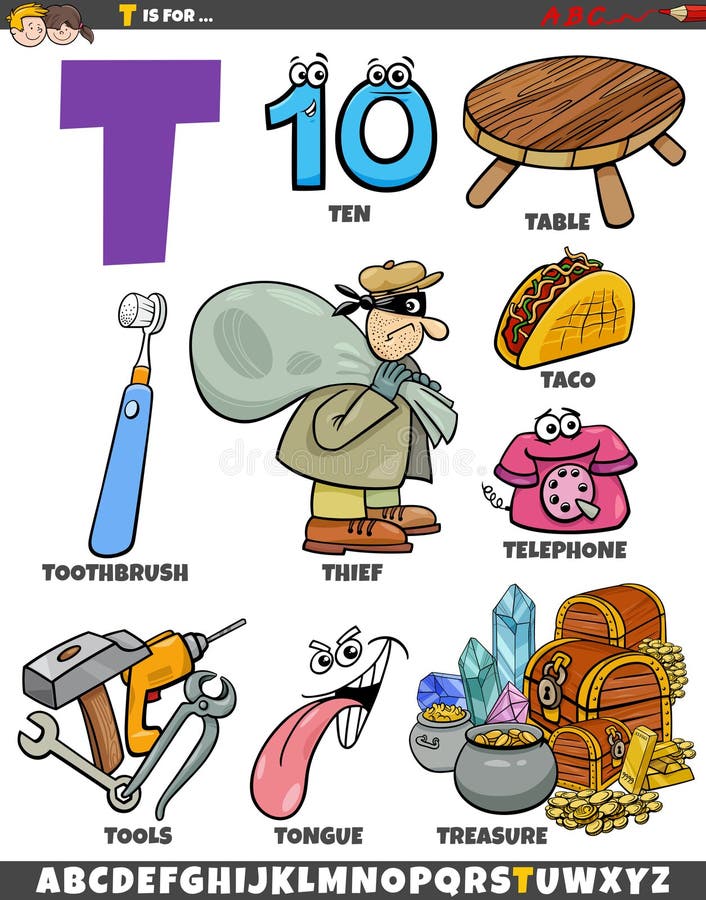 Letter T Set with Cartoon Objects and Characters Stock Illustration ...