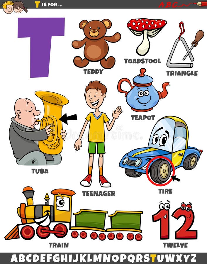 Letter T Set with Cartoon Objects and Characters Stock Vector ...