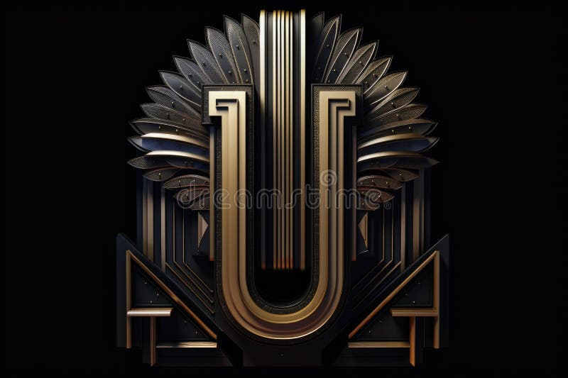 Letter U, Art Deco Style, on Black Background Stock Illustration ...