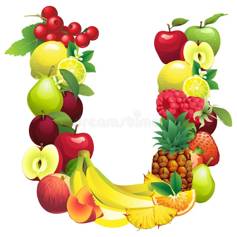 Letter U Composed of Different Fruits with Leaves Stock Vector ...