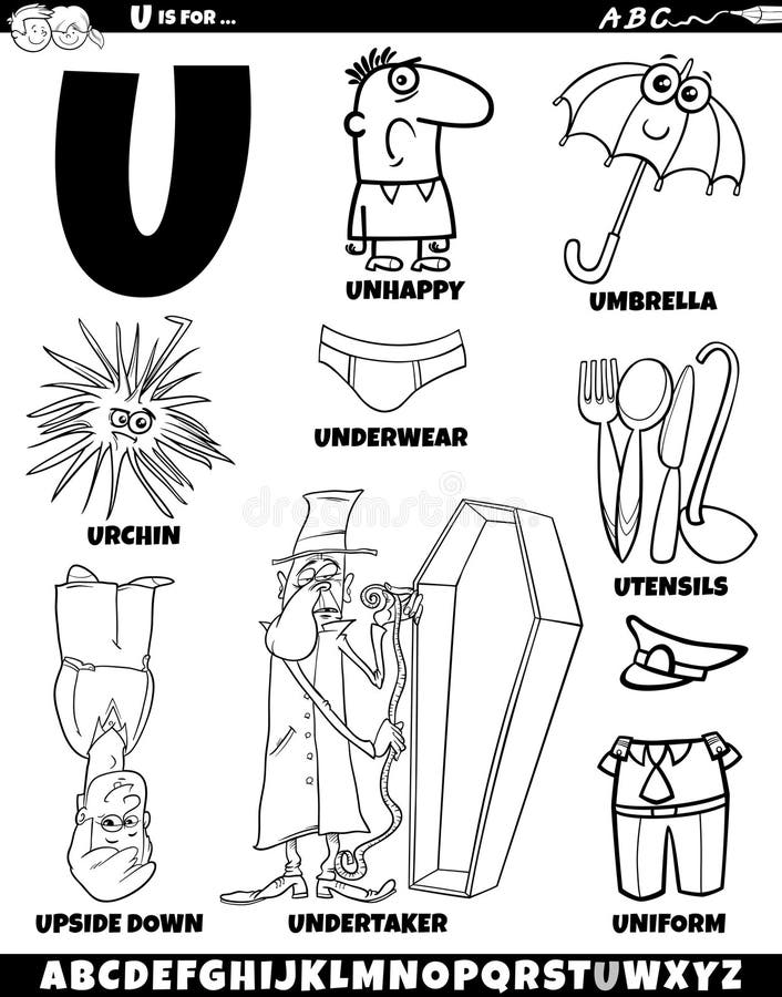Letter U Set with Cartoon Objects and Characters Coloring Page Stock ...