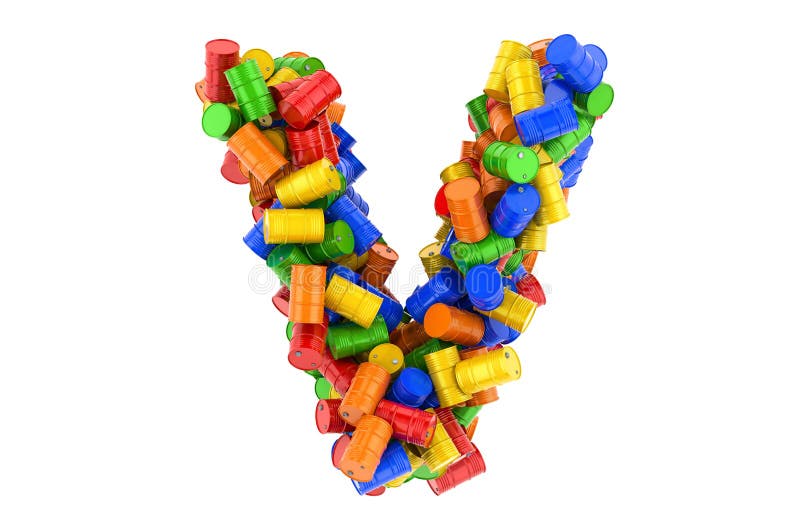 Letter V from Colored Steel Barrels, 3D Rendering Stock Illustration ...