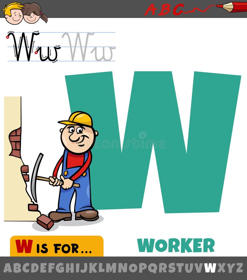 Letter W from Alphabet with Cartoon Worker Character Stock Vector ...