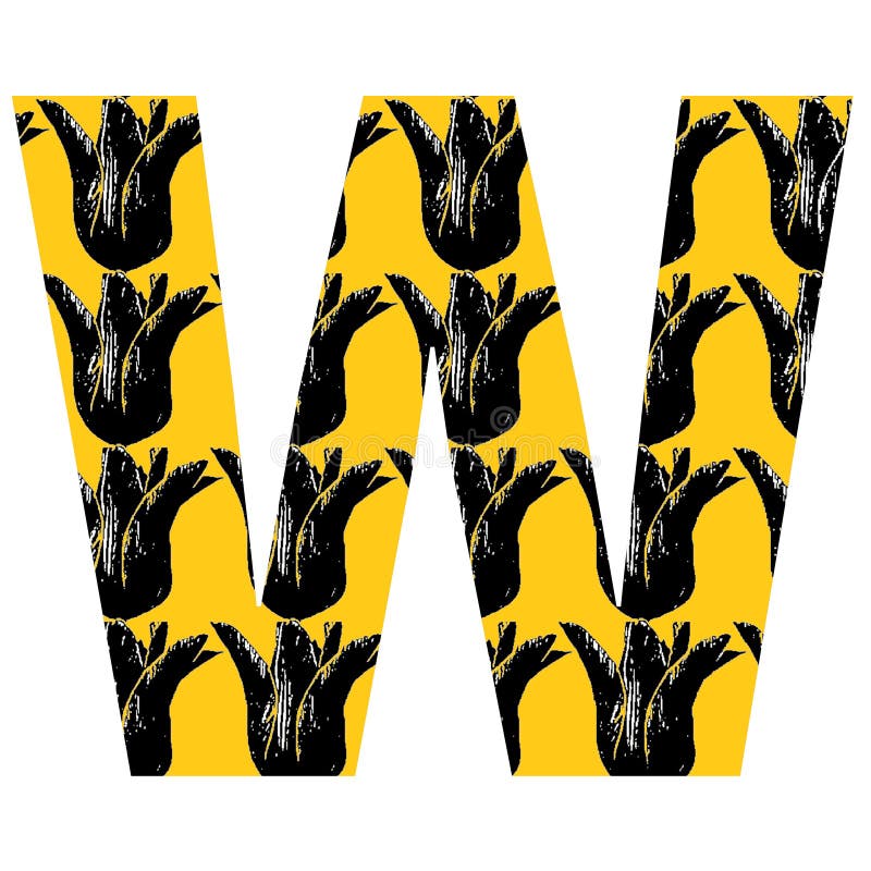 Letter W of the Alphabet Made with a Pattern of Black Tulip on a Yellow ...