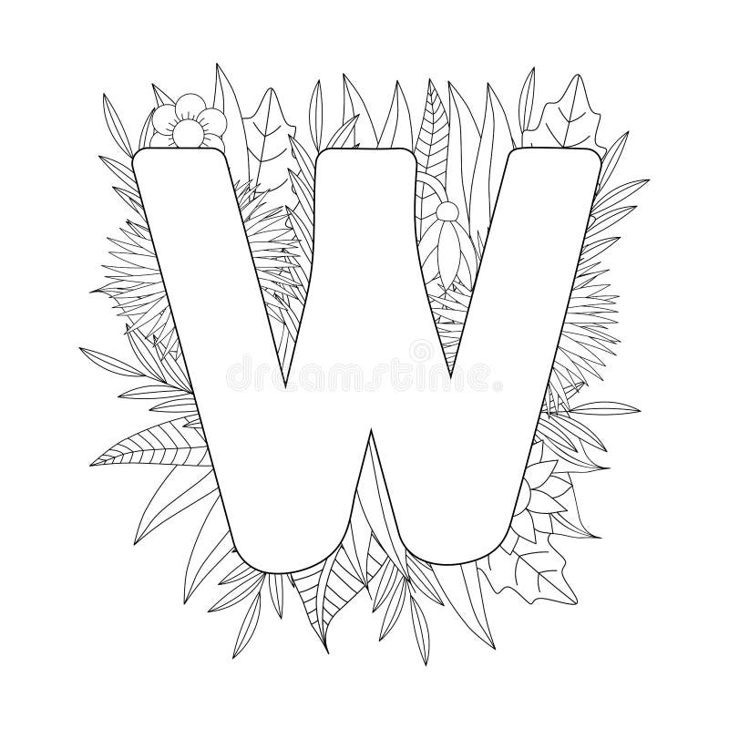 Letter W Coloring Page. Floral Coloring Stock Vector - Illustration of ...
