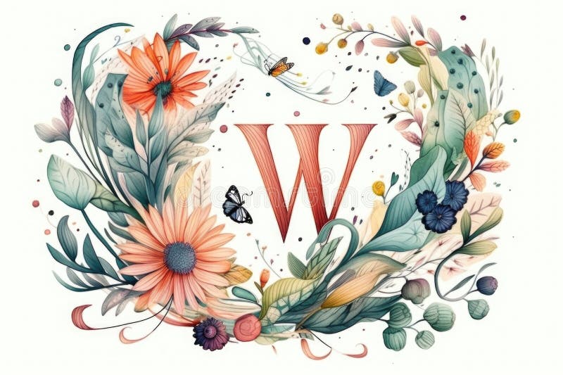 Letter W, Floral and Botanical Style, on White Background Stock Photo ...