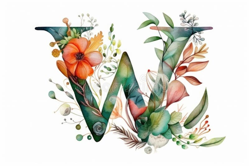 Letter W, Floral and Botanical Style, on White Background Stock ...
