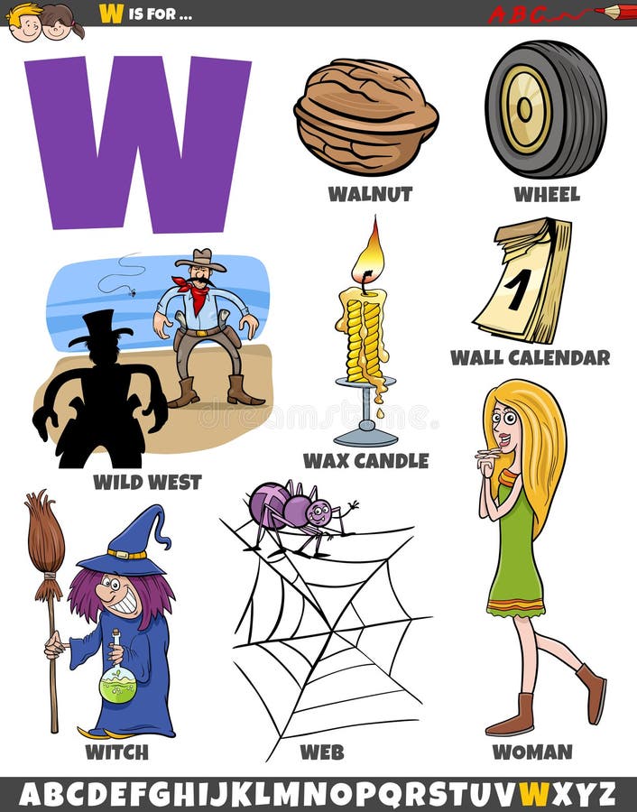 Letter W Set with Cartoon Objects and Characters Stock Vector ...