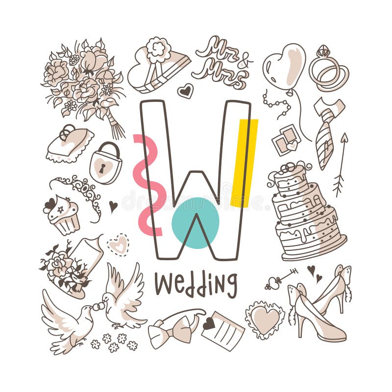 Letter W - Wedding, Cute Alphabet Series in Doodle Style Stock Vector ...