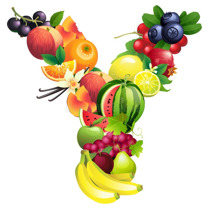 Letter Y Composed of Different Fruits with Leaves Stock Vector ...