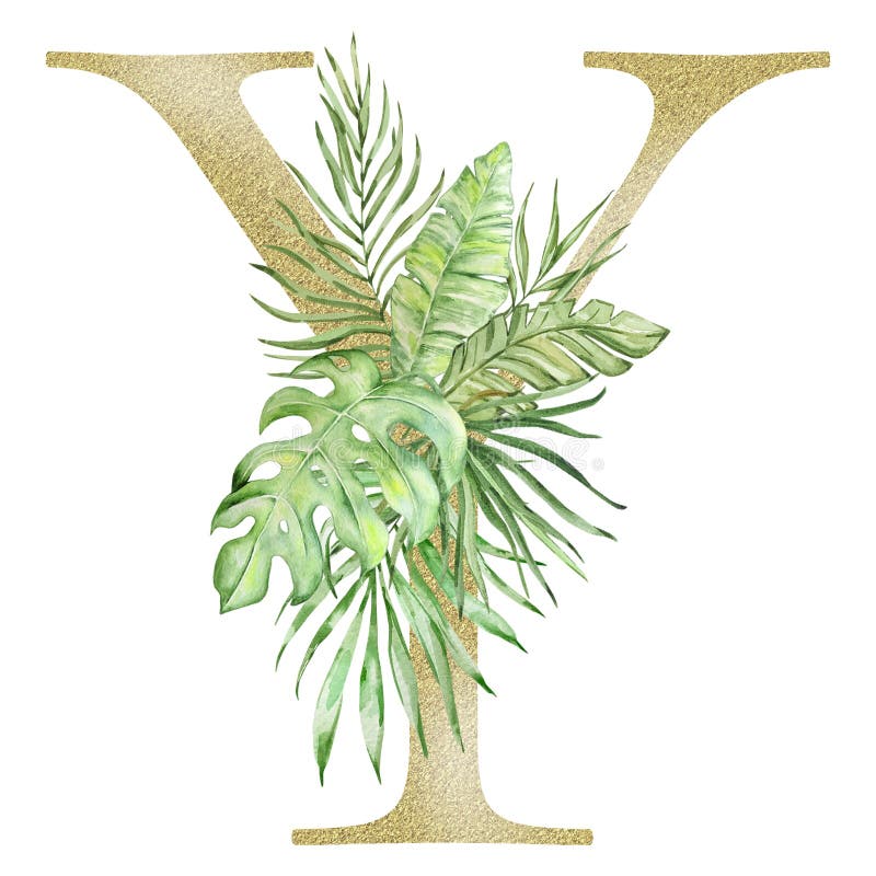 Letter Y Decorated with Watercolor Tropical Leaves Stock Illustration ...
