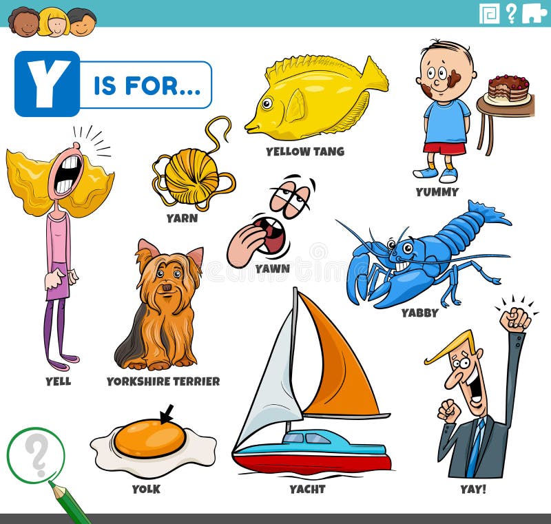 Letter Y Words Educational Set with Cartoon Characters Stock Vector ...