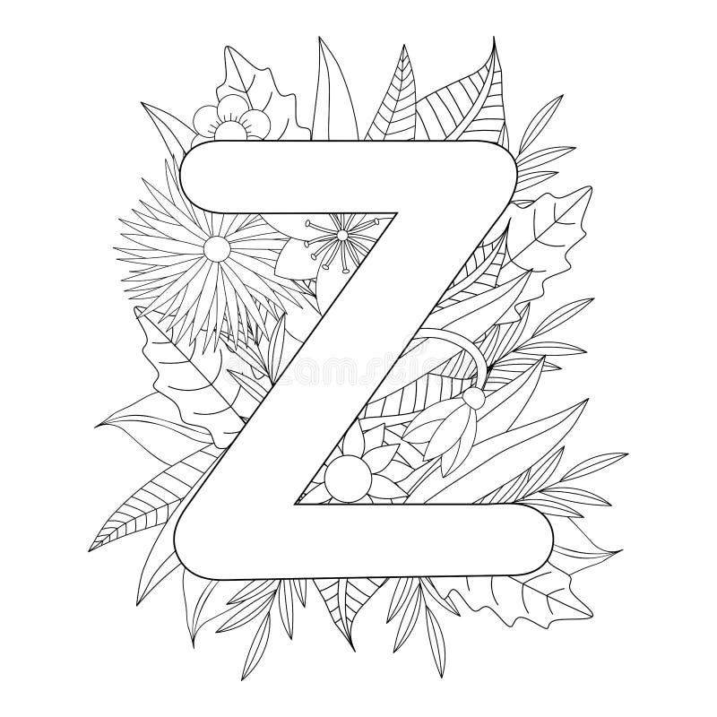 Letter Z Coloring Page. Floral Coloring Stock Vector - Illustration of ...