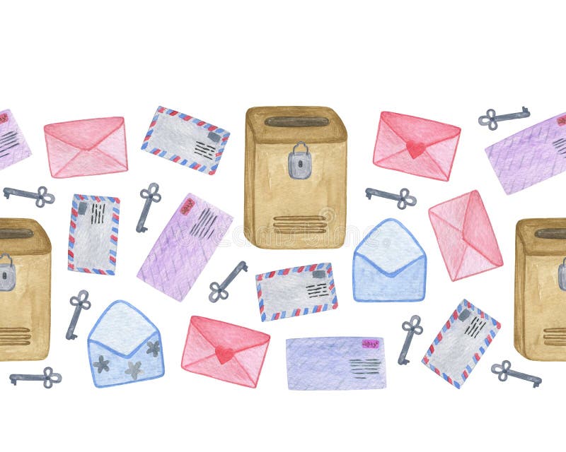 Letterbox with Lock and Key and Letter Envelopes Hand Drawn Watercolor ...