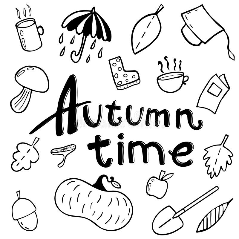 Lettering Autumn Time.autumn Elements Doodle.autumn Leaves Stock Vector ...