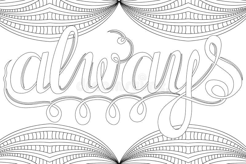 Lettering -always, Design Elements for Adult Coloring Book, Outline ...
