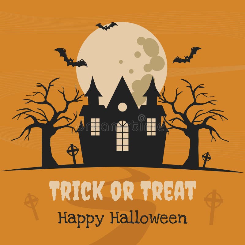Lettering Happy Halloween And Trick Or Treat Haunted House On Grave