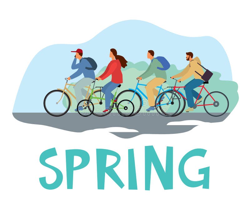 Lettering Spring. a Group of People Riding Bicycles Stock Vector ...