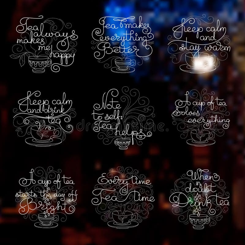 Lettering Tea Typography Set. Calligraphy Hand Written Quotes. Stock ...
