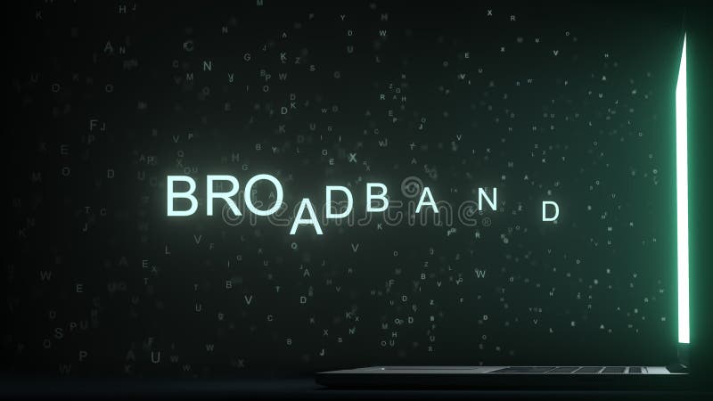 Letters Leaving Computer Screen Form BROADBAND Text, 3D Rendering Stock ...