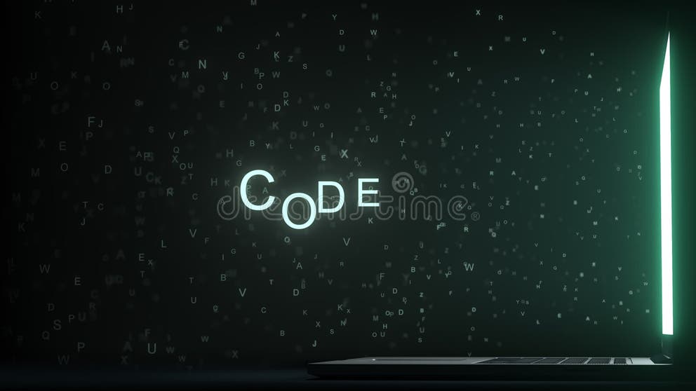 Letters Leaving Computer Screen Form CODE Text, 3D Rendering Stock ...