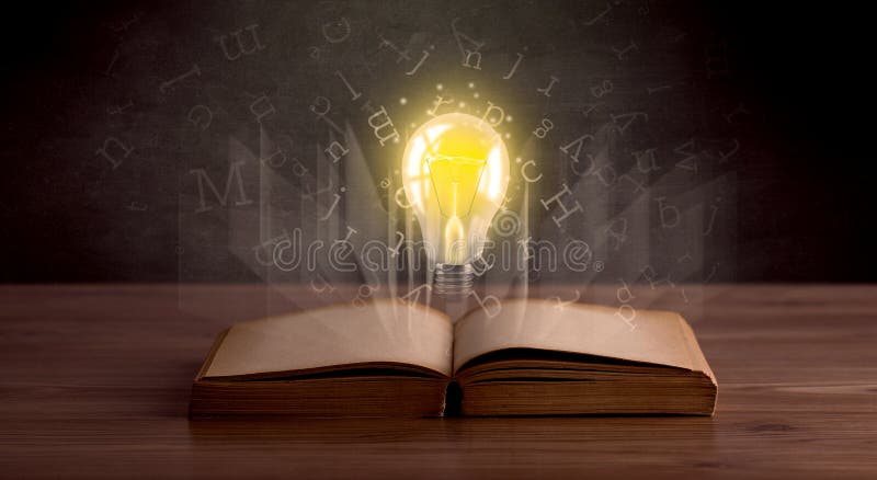 Letters and Lightbulb Over Book Stock Image - Image of data ...