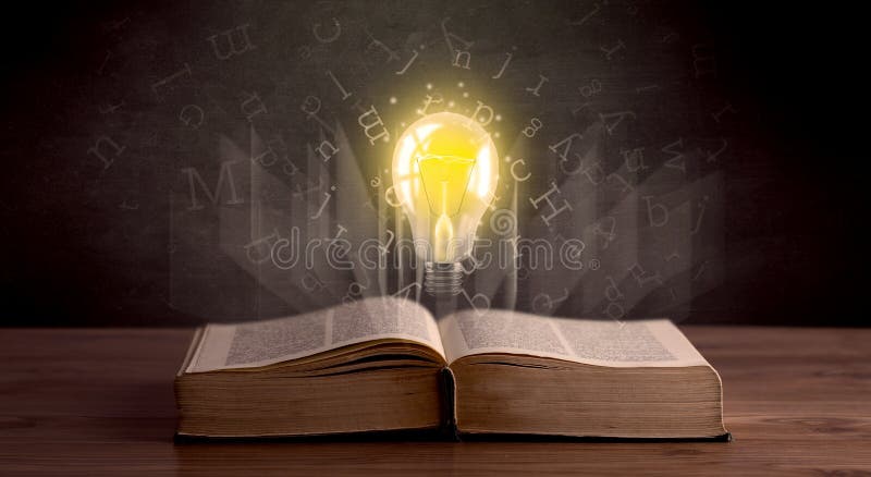 Letters and Lightbulb Over Book Stock Image - Image of book ...